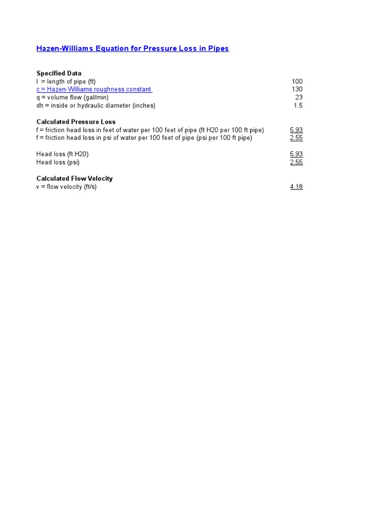 Hazen Williams Equation | PDF