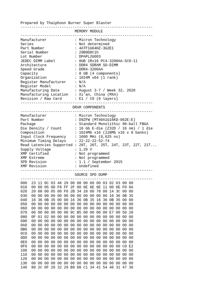 Micron Technology 8GB DDR4 SO-DIMM Memory Module Specifications and SPD Dump | PDF | Computer ...