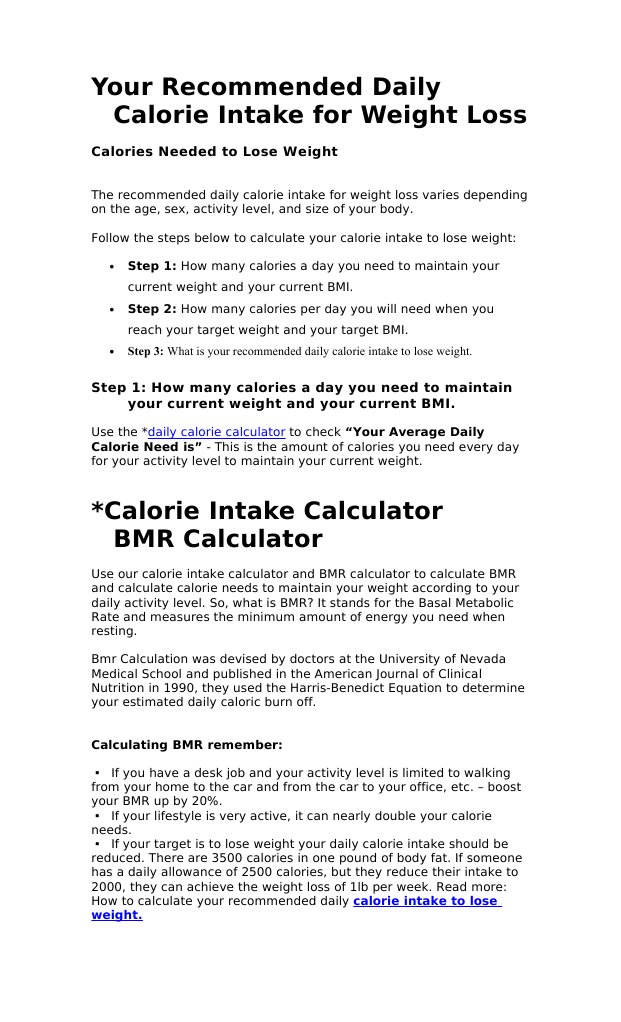 Recommended Daily Calorie Intake For Weight Loss | PDF | Body Mass ...