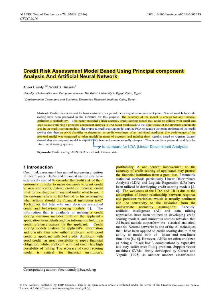 Credit Risk Assessment Model Based Using Principal Component Analysis And Artificial Neural