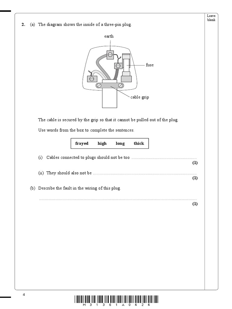 (A) The Diagram Shows The Inside of A Three-Pin Plug.: Leave Blank ...
