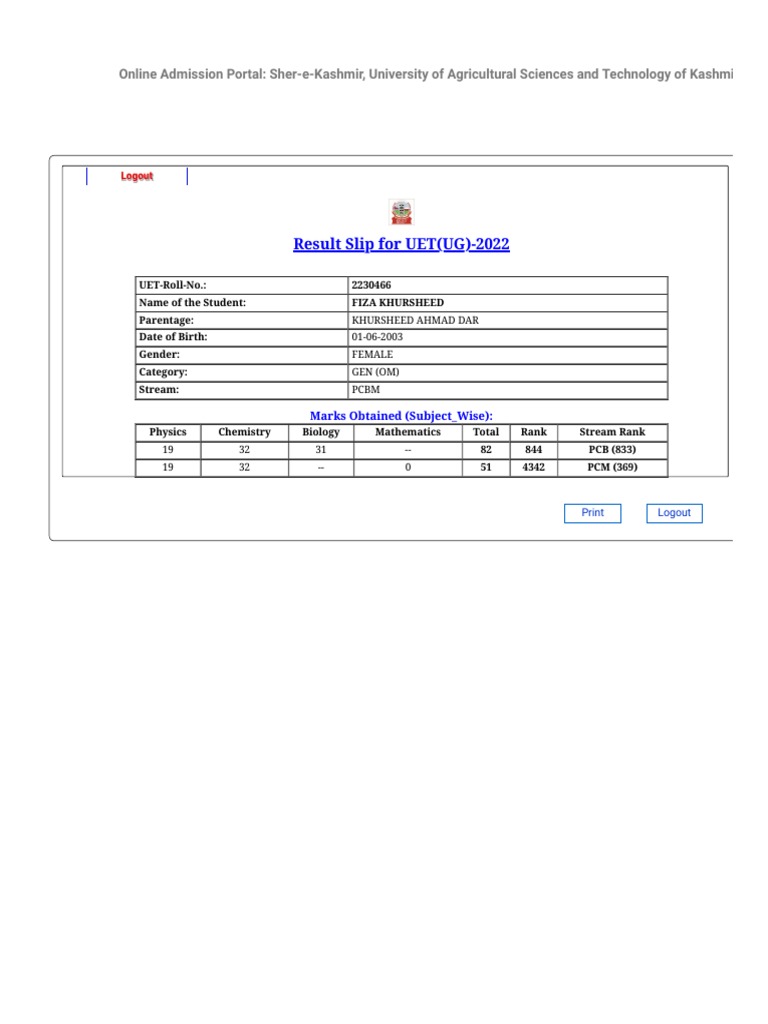 Skuast Kashmir Admission Portal Pdf