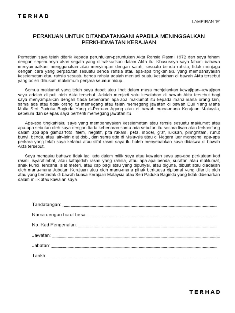 Perakuan Untuk Ditandatangani Apabila Meninggalkan Perkhidmatan Kerajaan | PDF