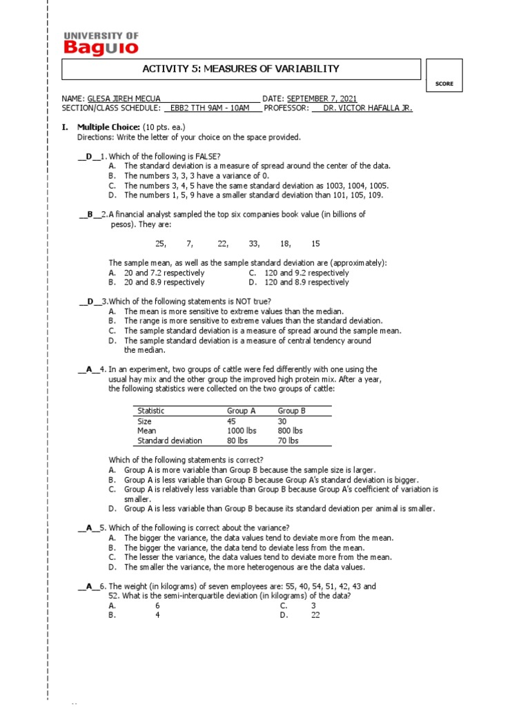 Activity 5: Measures of Variability: I. Multiple Choice: (10 Pts. Ea ...