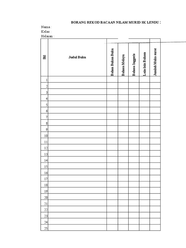 Borang Rekod Bacaan Nilam Murid SK Lendu 2023 | PDF