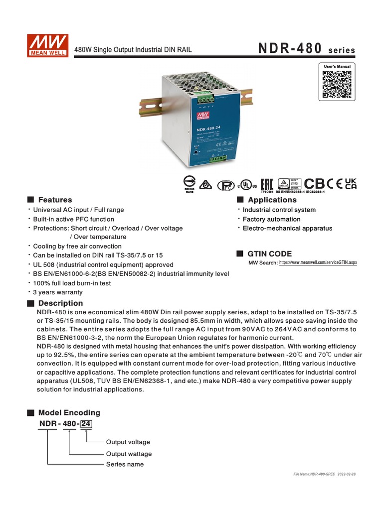 Mean Well NDR-480 Data Sheet | PDF | Rectifier | Electromagnetic Compatibility