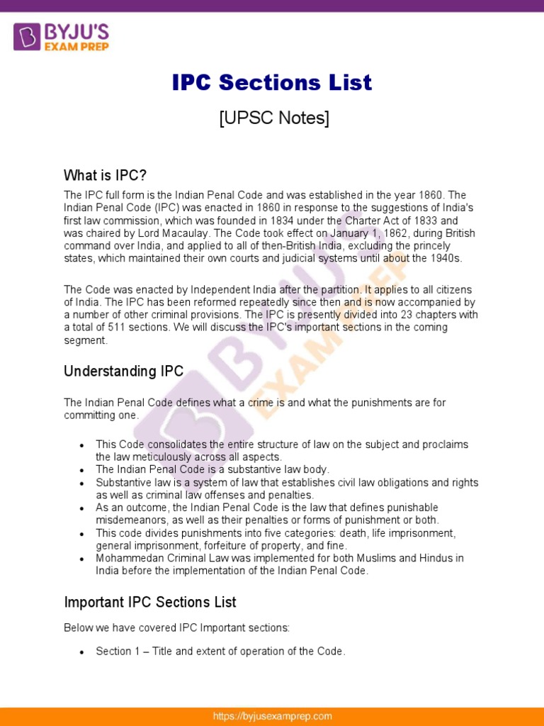 Important IPC Sections Overview | PDF | Crimes | Crime & Violence