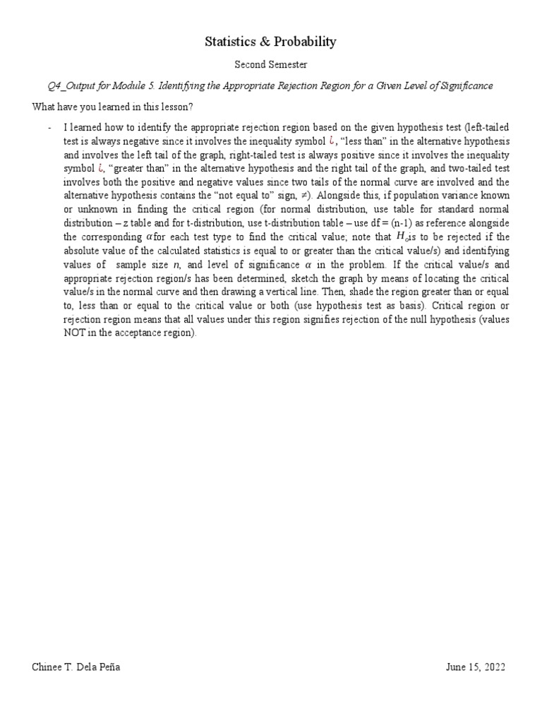 Stats-Identifying Approriate Rejection Region | PDF | Statistical ...