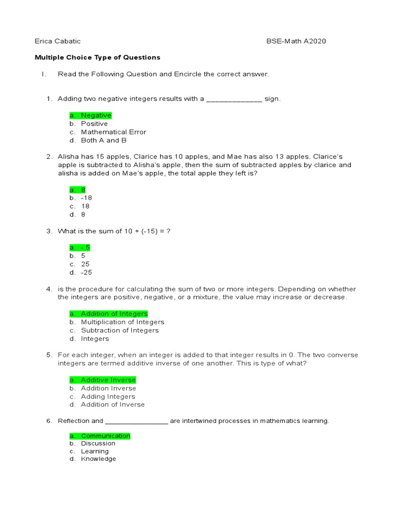Multiple Choice Type of Questions | PDF | Integer | Mathematics
