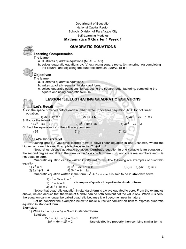 Mathematics 9 Quarter 1 Week 1 Quadratic Equations: Learning ...