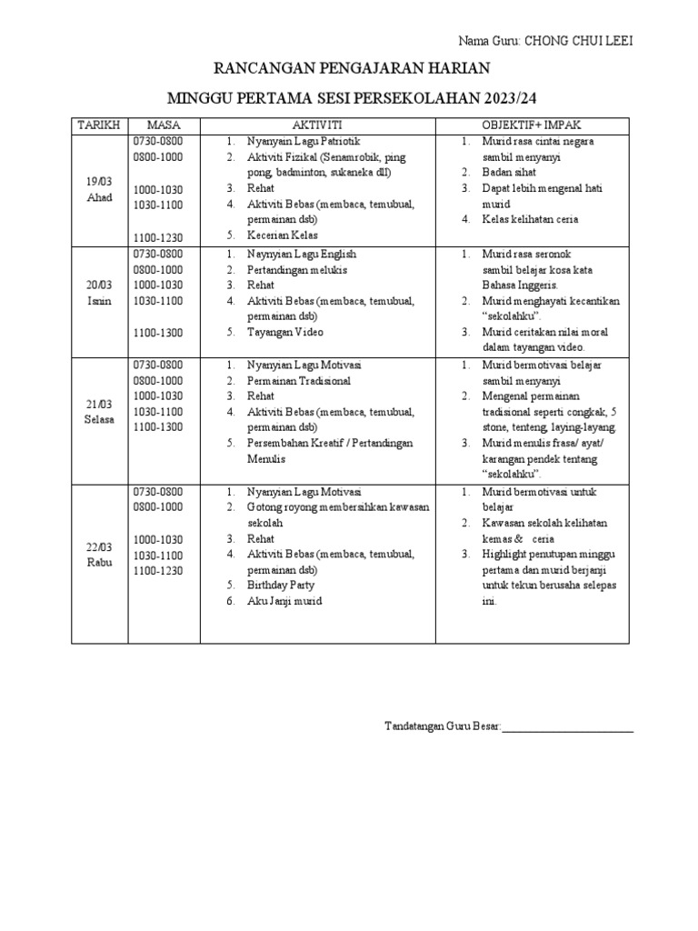 RPH Minggu Pertama 2023 | PDF