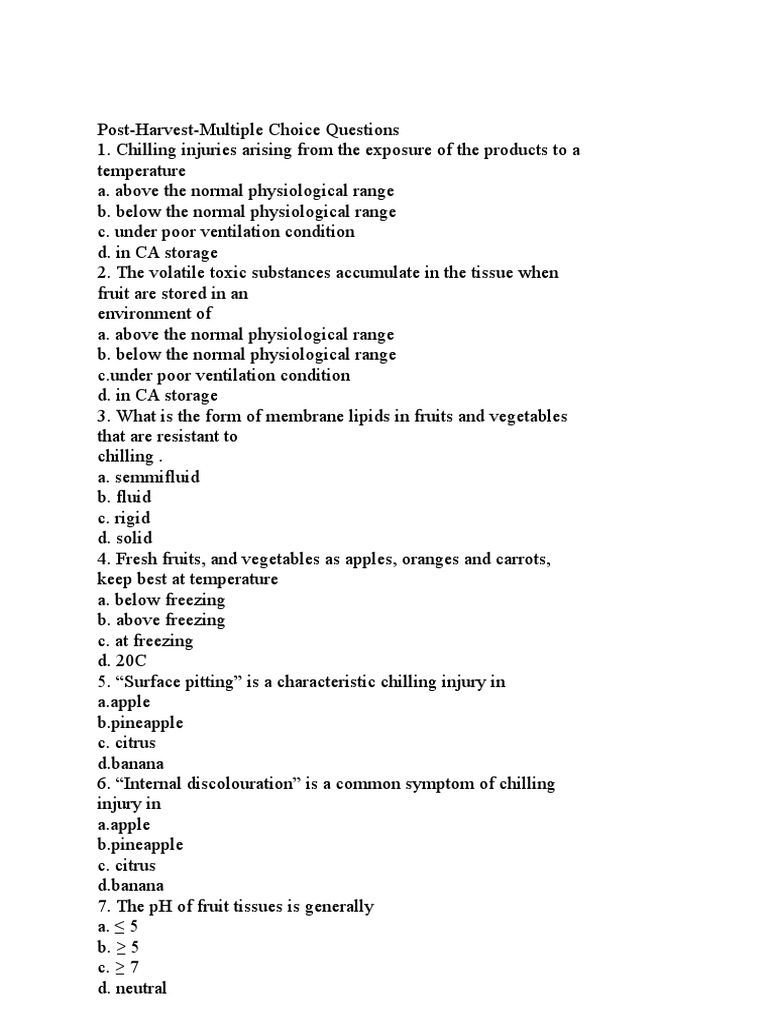 Post-Harvest Multiple Choice Questions | PDF | Vegetables | Carbon Dioxide