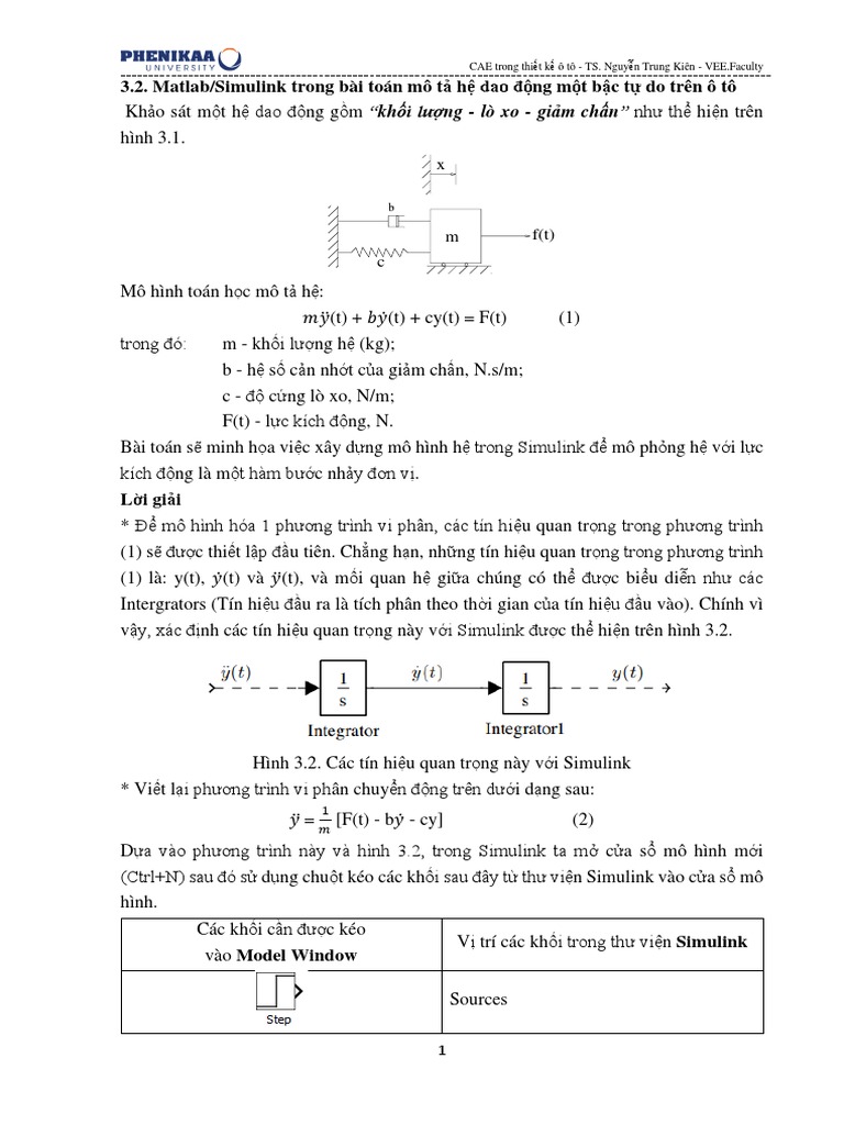 CAE - Huong Dan Lap Mo Hinh Simulink 1DOF Va Mo Hinh 1.4-Dr - Kiên.VEE-Phenikaa | PDF