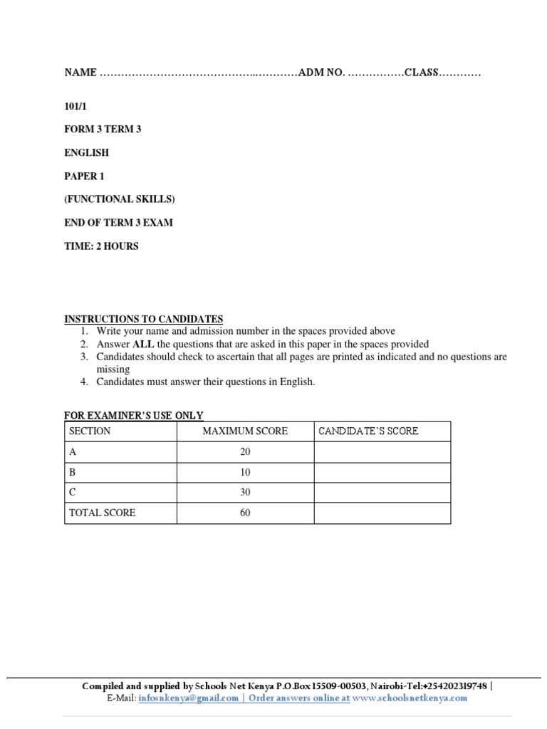 English Paper 1 Form 3 Term 3 Exam 2018 | PDF