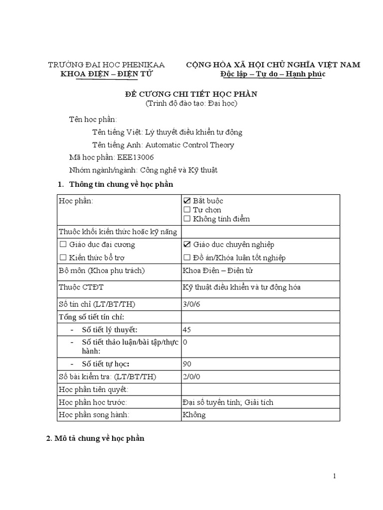 26 Ly Thuyet Dieu Khien Tu Dong - Dccuong 2021.6.30-1 | PDF