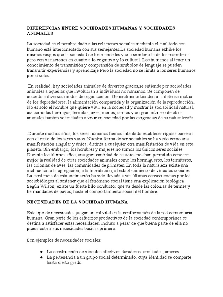 Diferencias entre sociedades humanas y animales | PDF | Sociedad ...