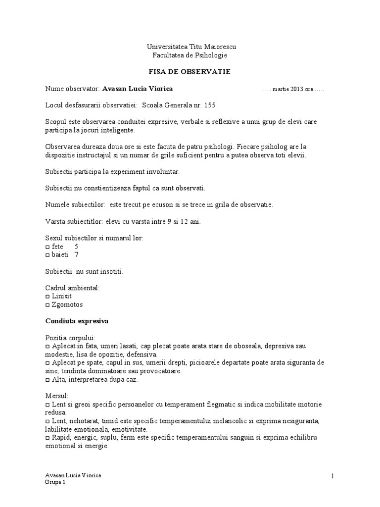 Fisa de Observatie L1 | PDF