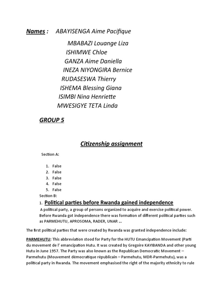 Citizenship Assignment Group 5 | PDF | Hutu | Tutsi