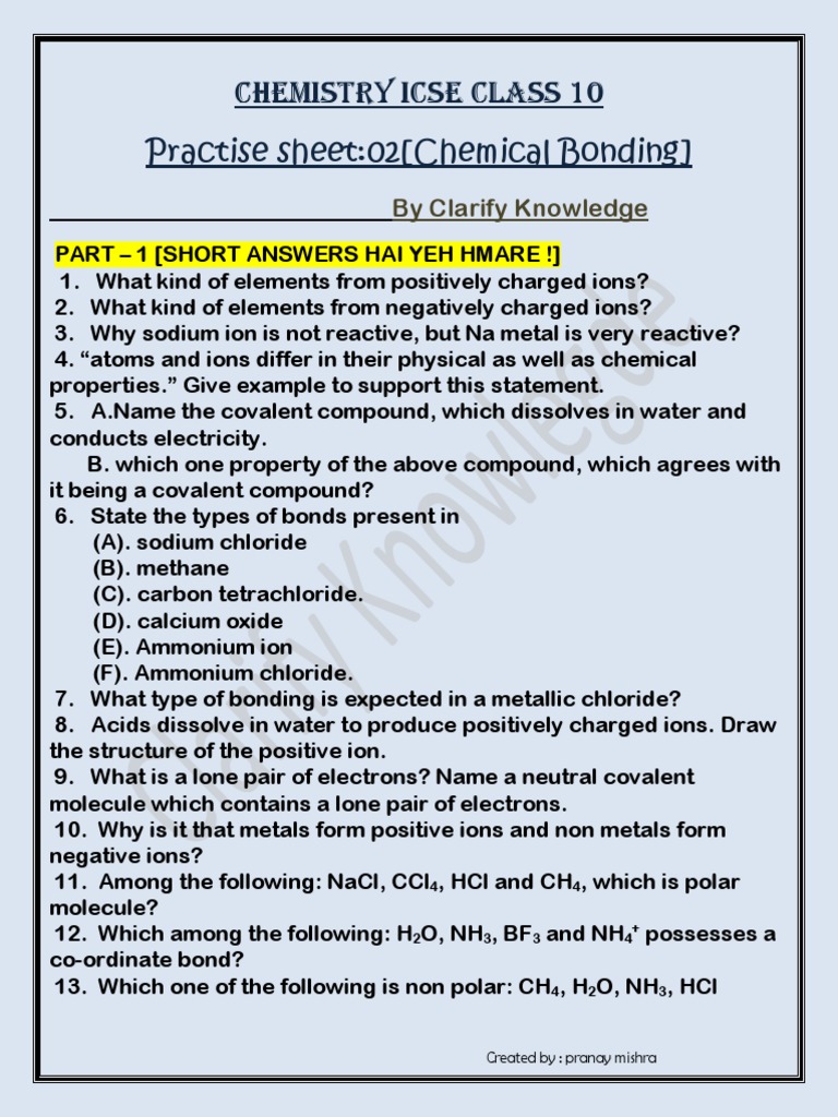 Icse Class X Chemical Bonding | PDF | Ion | Chemical Compounds