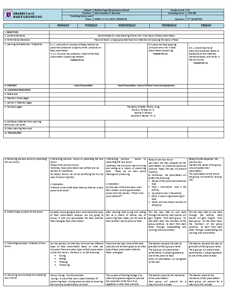 DLL - Tle 6 - Q3 - W8 | PDF | Pickling | Food Preservation