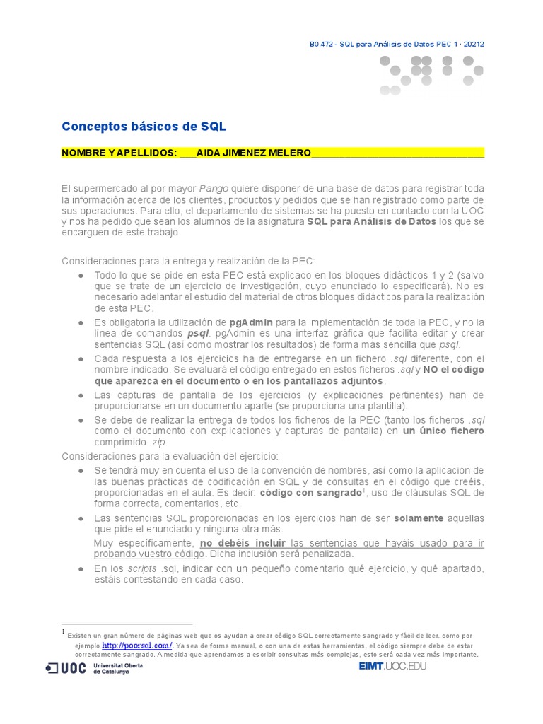 Conceptos Básicos de SQL: NOMBRE Y APELLIDOS: - AIDA JIMENEZ MELERO | PDF | SQL | Bases de datos