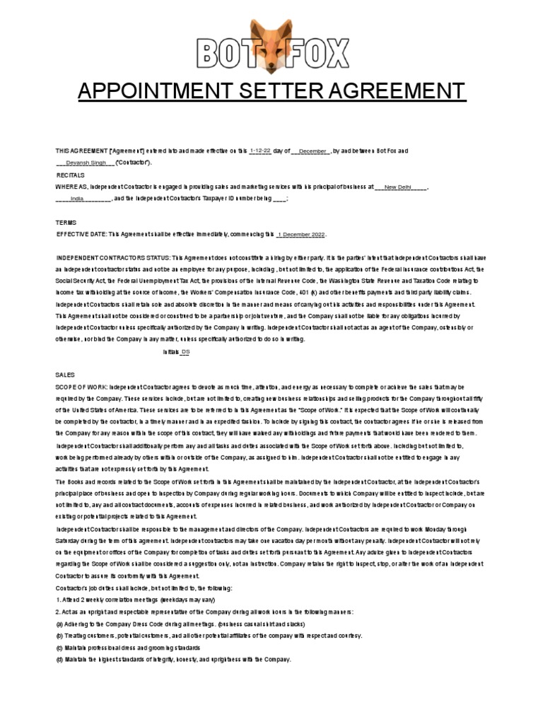Appointment Setter Agreement: 1-12-22 December Devansh Singh | PDF | Indemnity | Employment