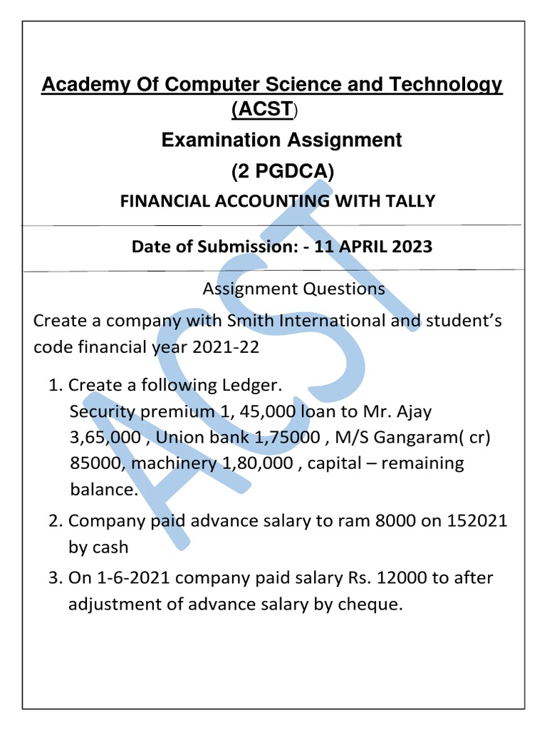 Assignment Tally Pdf Expense Equity Finance