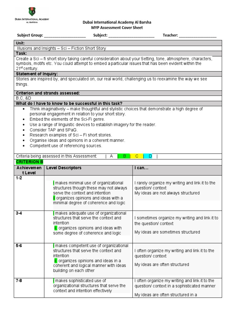 MYP Sci-Fi Short Story Assessment Guide | PDF | Syntax | Creativity