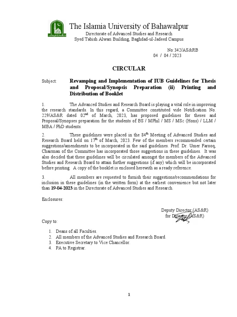 IUB Thesis Synopsis Guidelines After ASRB Meeting 1 | PDF | Thesis ...