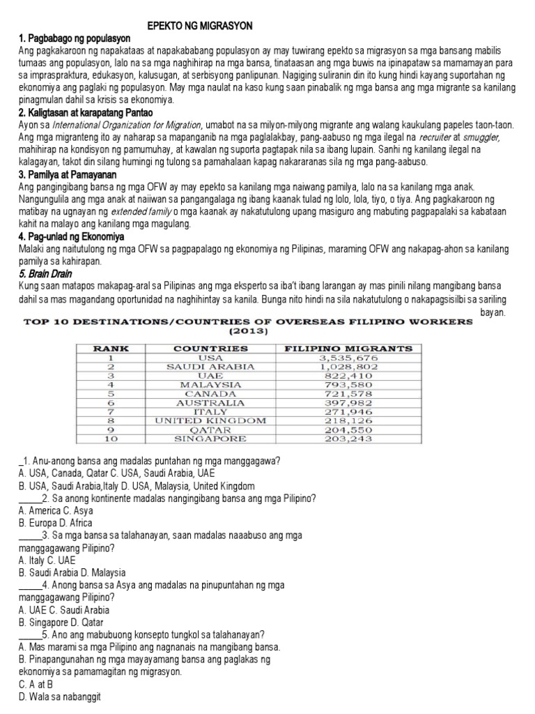 Epekto NG Migrasyon | PDF