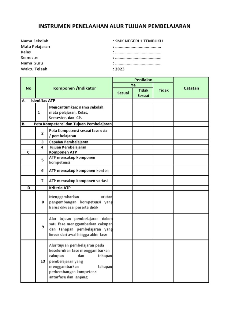 Instrumen Penelaahan Alur Tujuan Pembelajaran: No Komponen /indikator ...