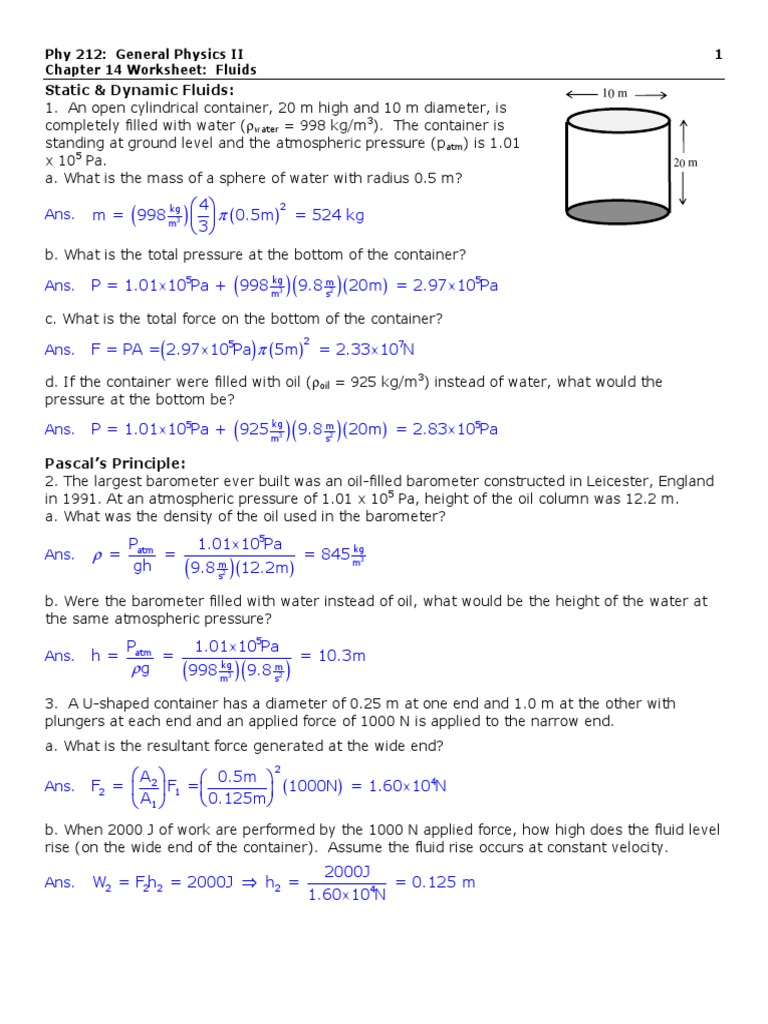 Fluid Pressure and Forces Worksheet | PDF | Buoyancy | Pressure