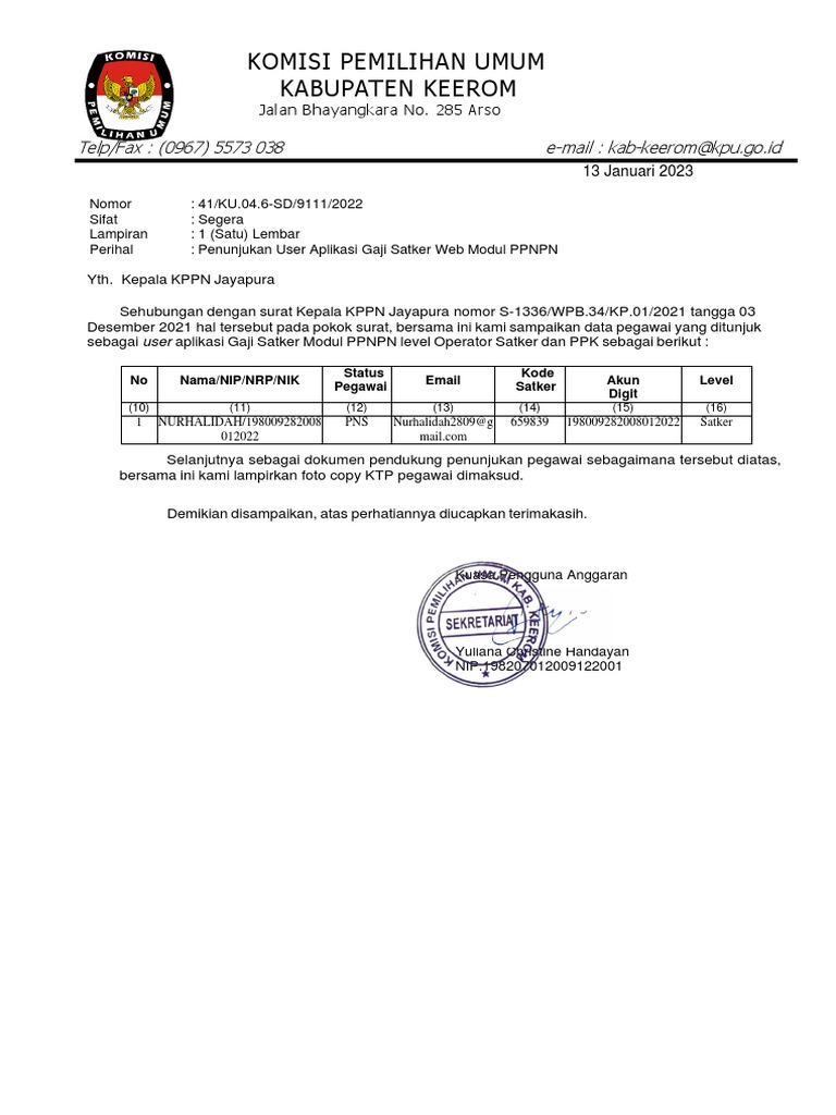 Surat Permohonan Penunjukan User Aplikasi Gaji Staker Web Modul PPNPN | PDF