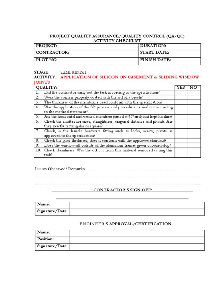 Sample Quality Check List | PDF | Pipe (Fluid Conveyance) | Quality ...