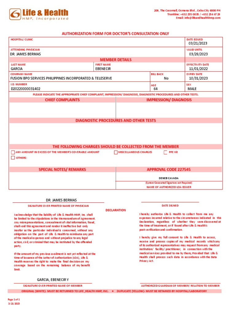 Authorization Form For Doctor'S Consultation Only: 03/21/2023 Dr. James ...