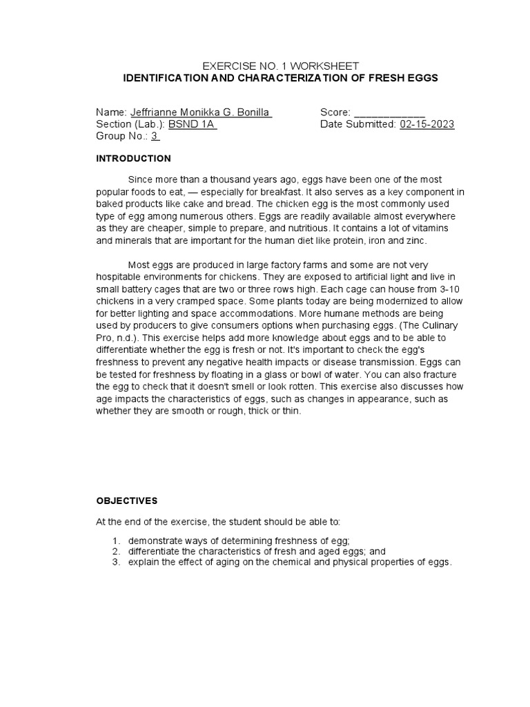 Exercise No. 1 Worksheet: Identification and Characterization of Fresh ...