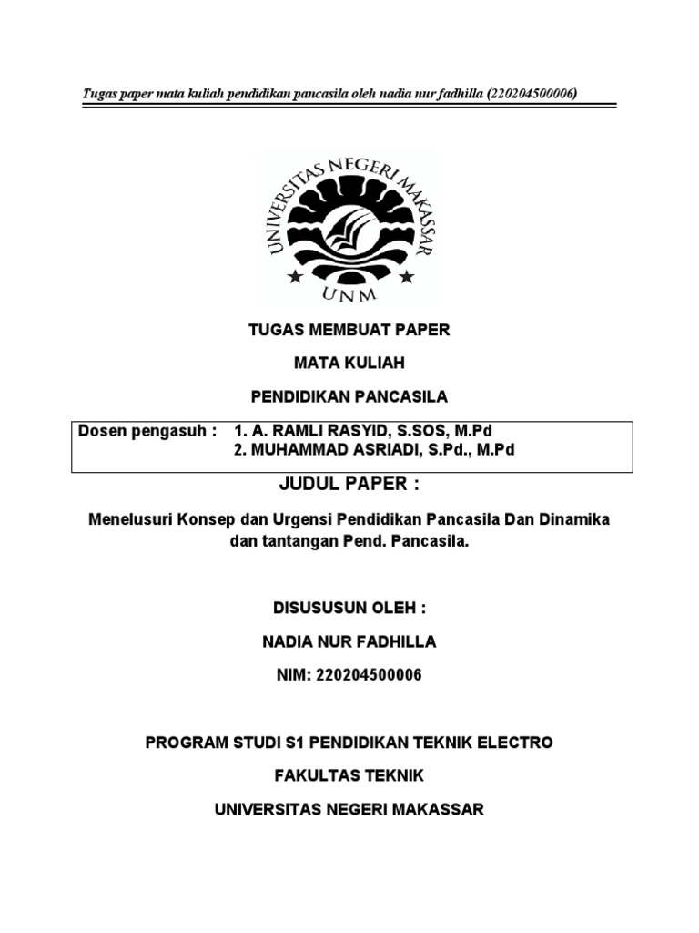 Judul Paper:: Tugas Paper Mata Kuliah Pendidikan Pancasila Oleh Nadia ...
