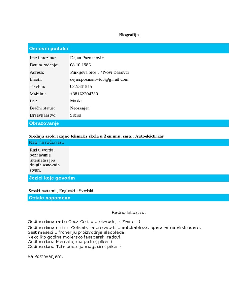 CV Obrazac 8+ | PDF