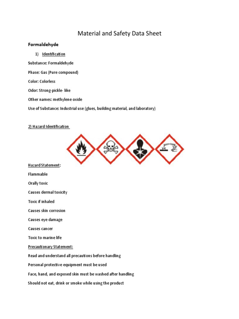 Material and Safety Data Sheet: Formaldehyde | PDF | Personal ...