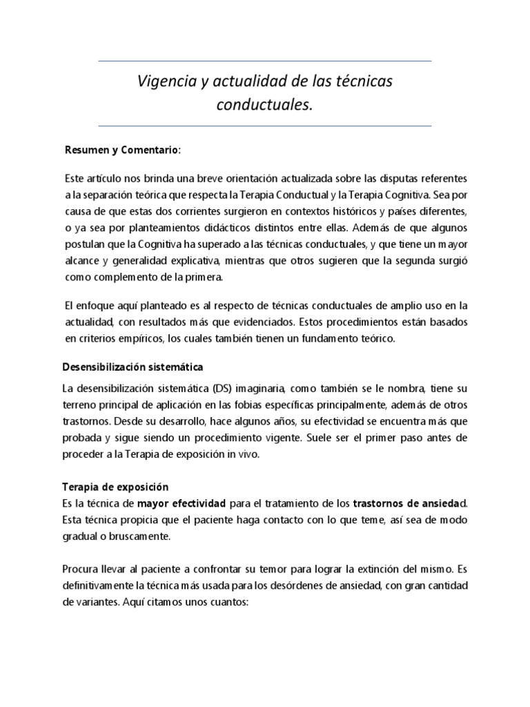 Técnicas Conductuales Actuales en Terapia | PDF | Terapia conductual ...