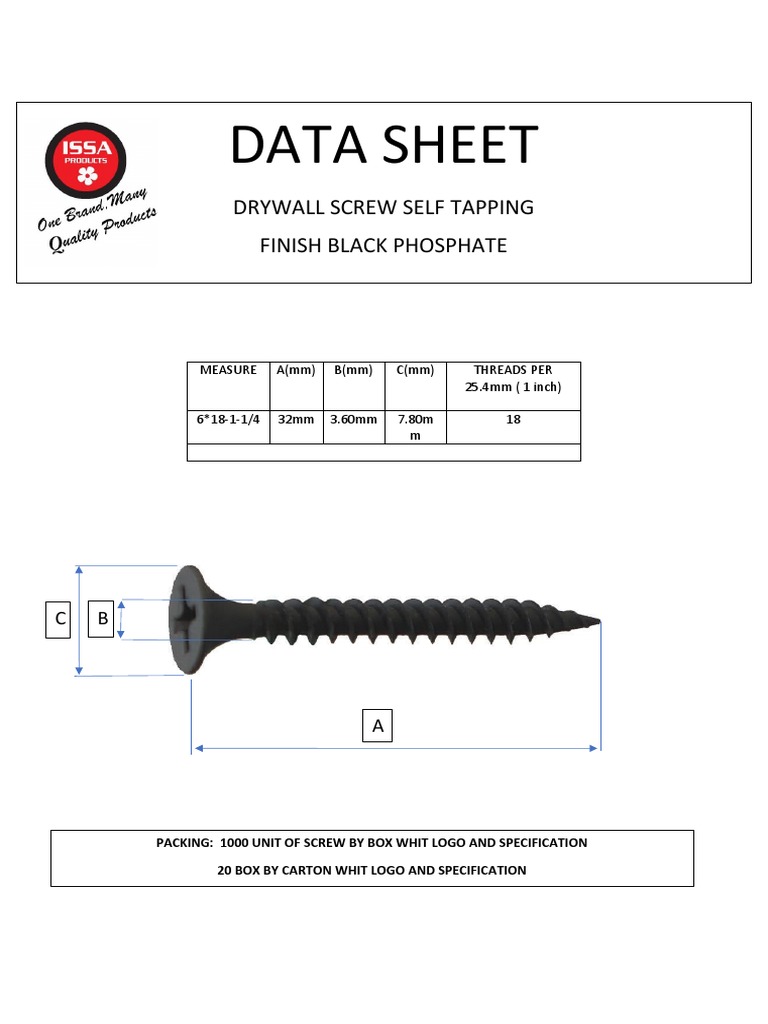 Data Sheet: Drywall Screw Self Tapping Finish Black Phosphate | PDF