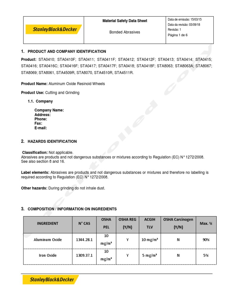 MSDS BONDED ABRASIVES Rev1 (ENG) - SBD - STA | PDF | Personal ...