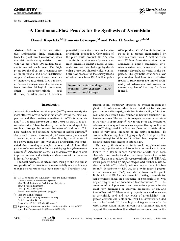 Continuous-Flow Synthesis of Artemisinin | PDF | Photochemistry | Chemistry