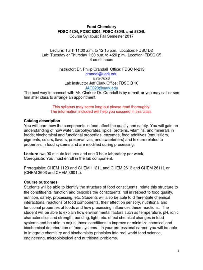Food Chemistry Course Syllabus 2017 | PDF | Proteins | Lipid