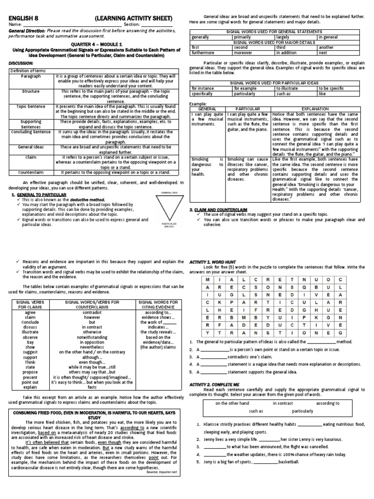 English 8 (Learning Activity Sheet) | PDF | Word | Cardiovascular Diseases