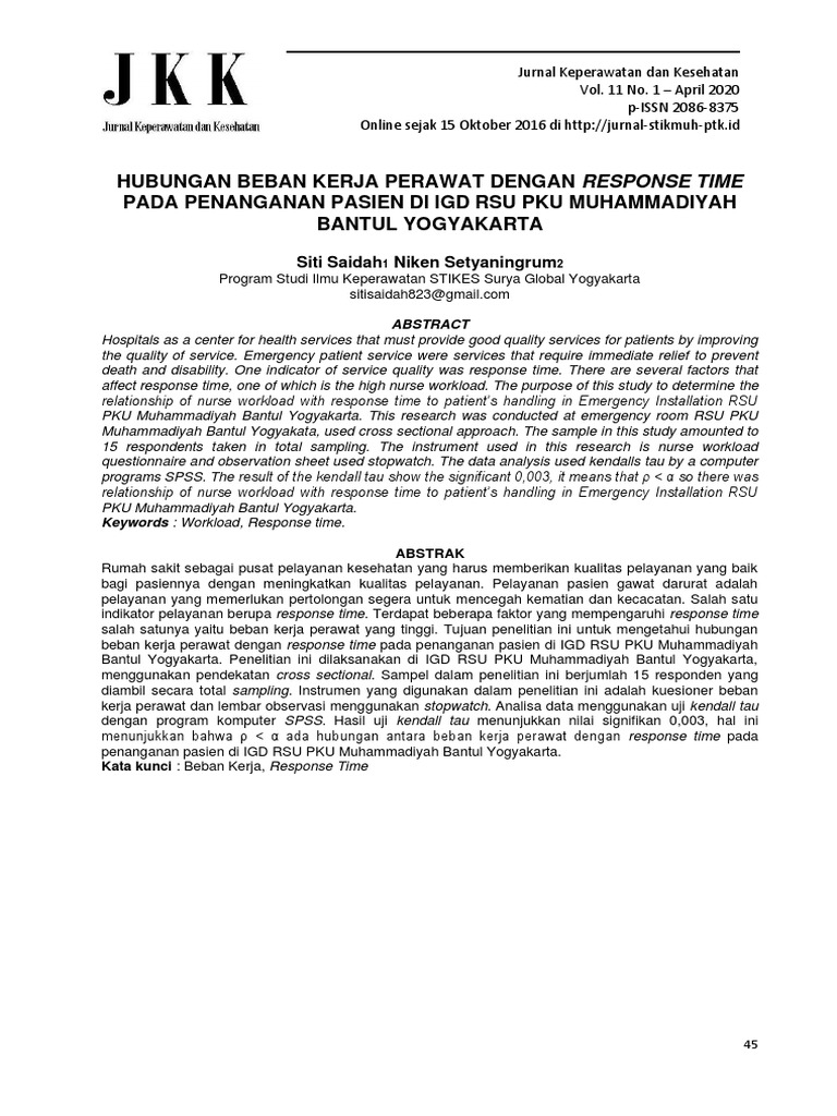 Hubungan Beban Kerja Perawat Dengan Response Time Pada Penanganan Pasien Di Igd Rsu Pku ...