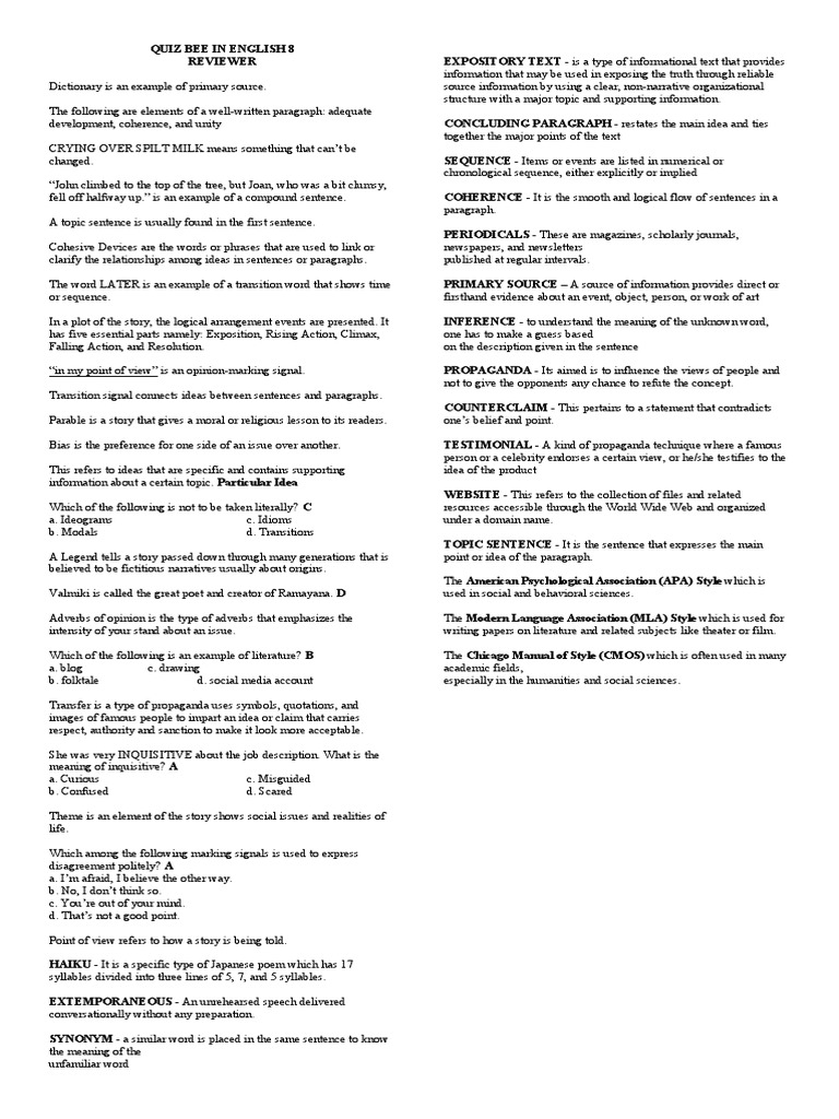English 8 Quiz Bee Reviewer Guide | PDF | Information | Propaganda