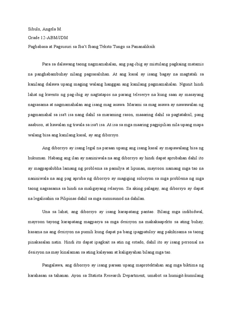 Divorce Tagalog Essay | PDF