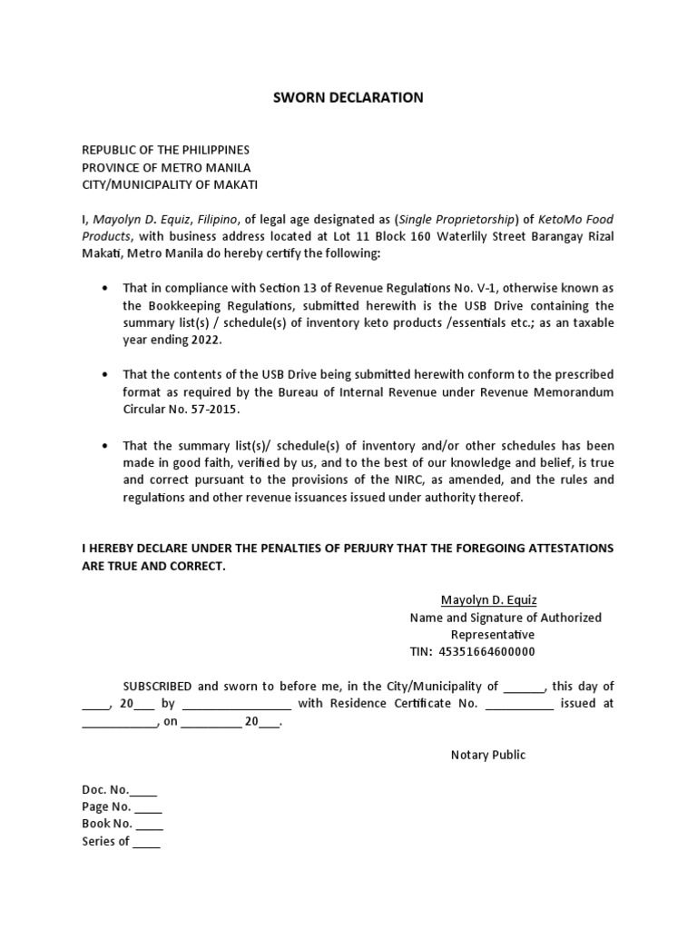 Sworn Declaration for KetoMo Food Products | PDF | Law