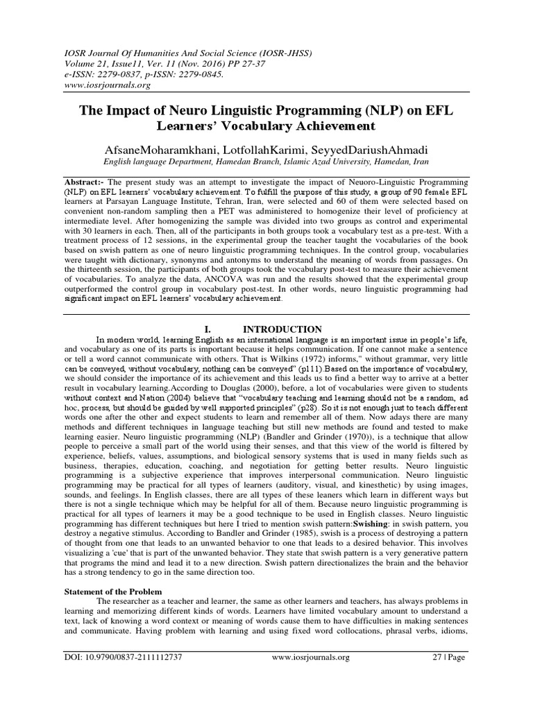 The Impact of Neuro Linguistic Programming (NLP) On EFL Learners' Vocabulary Achievement | PDF ...